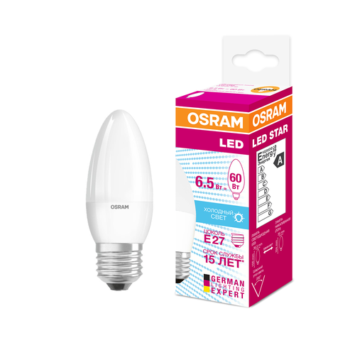 Лампа светодиодная Osram E27 6.5Вт холодный белый свет свеча