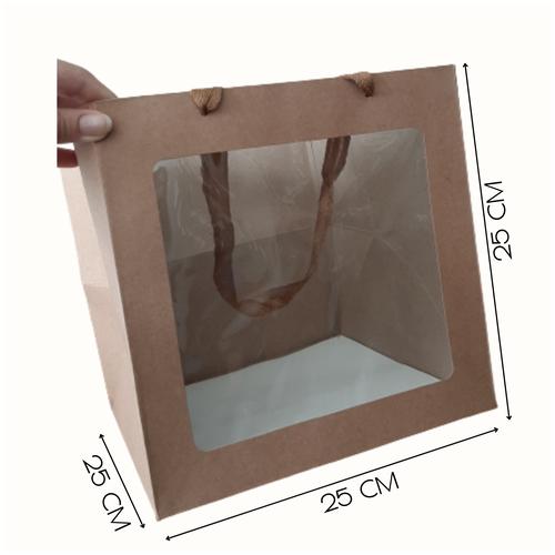 Подарочный пакет крафт квадратный с прозрачным окном 3шт Большой подарочный пакет с ручками