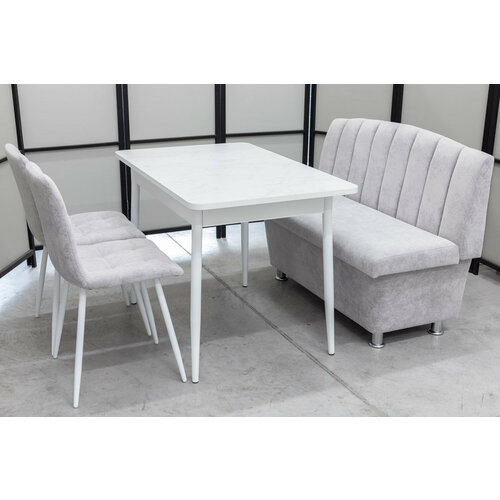 Обеденная группа Альт-2 Дуо, стол белый Ост термопластик, 110(140)х70 см, обивка дивана антивандальная, моющаяся, антикоготь, цвет светло-серый