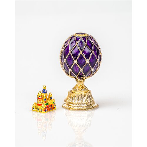 Шкатулка Яйцо в стиле Фаберже с фигуркой "Собор" 6,5 см Фиолетовая / Золотистая