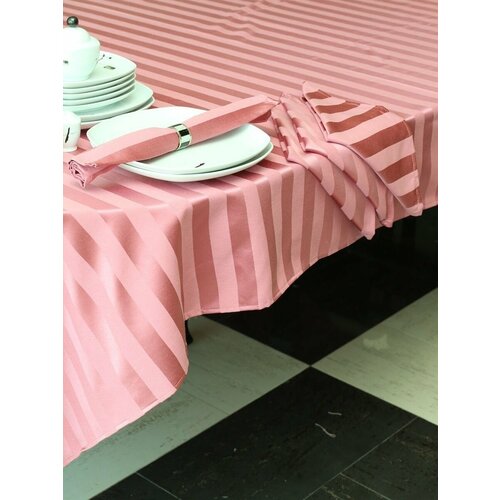 Скатерть тканевая водоотталкивающая 180х260 + 8 салфеток, прямоугольная, розовый