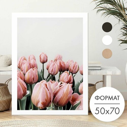 Плакат Постер 50х70 без рамки "Розовые тюльпаны" для интерьера