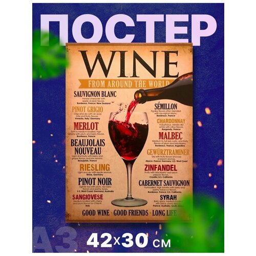 Постер интерьерный "вино, бутылка вина, винишко" А3 42х30