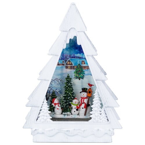 Новогодний сувенир- "Белая ёлка с семьёй снеговиков у скворечника", музыкальный LED, 2 режима, USB, 3*АА, 20*28 см