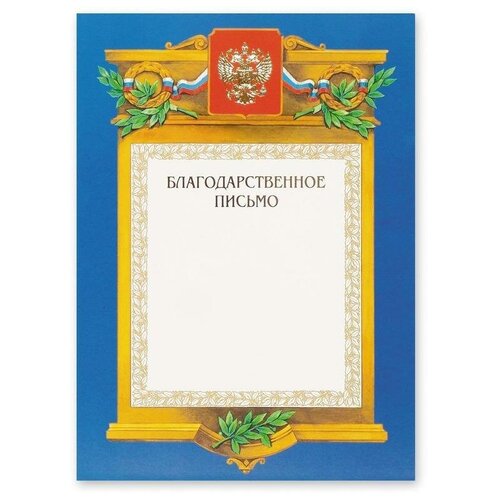 Грамота "Благодарственное письмо" 09/БП (А4, 230г, картон) синяя рамка, герб, триколор, фольга.