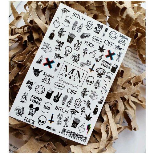 MIW Nails "Слайдеры для ногтей" водные наклейки для дизайна #12 черно-белый bad girl 18+