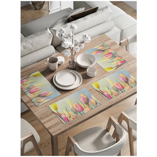 Комплект тканевых салфеток, плейсматов JoyArty с закругленными краями с рисунком "Весенние тюльпаны" для сервировки стола 46x30 см, 4шт.