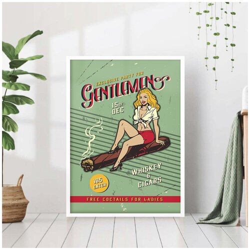 Постер "Ретро девушка с сигарой" 40 на 50 в белой рамке / Картина для интерьера / Плакат / Постер на стену / Интерьерные картины