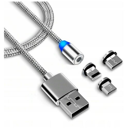 Магнитный кабель Floveme 3-в-1 (microUSB + type-C + Lightning), 1.0m, серебристый