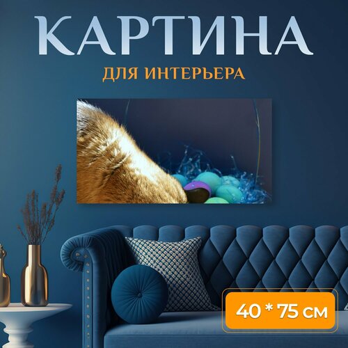 Картина на холсте "Пасхальный, пасхальный кот, пасхальная корзина" на подрамнике 75х40 см. для интерьера