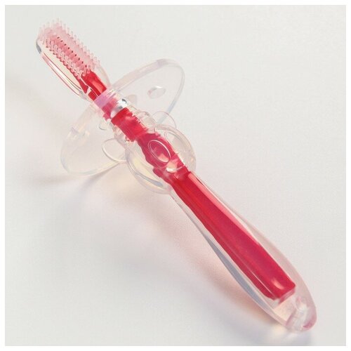 Детская зубная щетка-массажер, «Мышка», с ограничителем, силиконовая, цвет красный