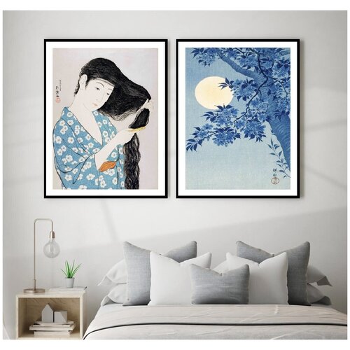 2 постера "Пара постеров в японском стиле Гейша рисунок" 50 на 70 в тубусе без рамки / Набор постеров картин для интерьера / Картина для интерьера