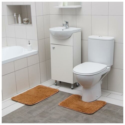 Набор ковриков для ванной и туалета Доляна «Пушистик», 2 шт: 38×40, 40×60 см, цвет светло-коричневый