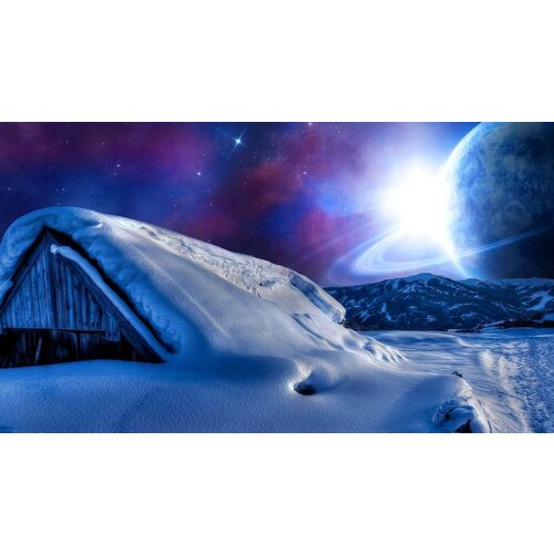 Картина на холсте 60x110 LinxOne "Дом планета ночь звезда снег" интерьерная для дома / на стену / на кухню / с подрамником