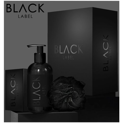 Новогодний подарок, Мужской подарочный набор из 3 предметов BLACK LABEL. Черный Шампунь-гель 2 в 1 , Крафтовое мыло, Черная мочалка.