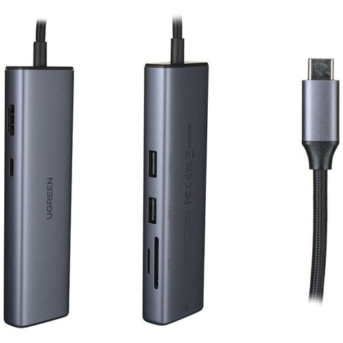 Хаб USB Ugreen CM512 USB Type-C - 2xUSB3.0+HDMI+RJ45+SD&TF+PD Grey 90568
