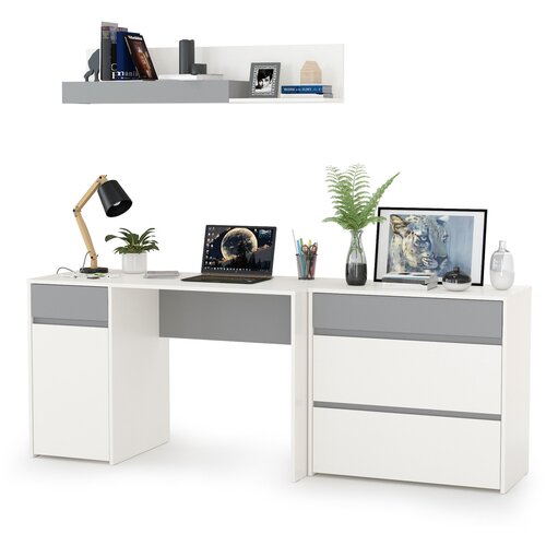 Компьютерный стол письменный для дома 200см белый шагрень/стальной серый - НЖ1614