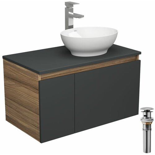 Комплект для ванной, 4 предмета (тумба Bau 80, графит + раковина BAU Nimb 41х33 + смеситель Hotel Still, выпуск клик-клак, хром)