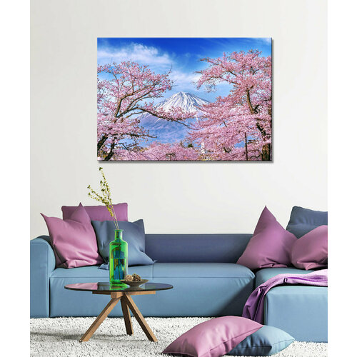 Картина на холсте для интерьера на стену - Сакура, цветущая сакура, весна, цветы (3) 60х80