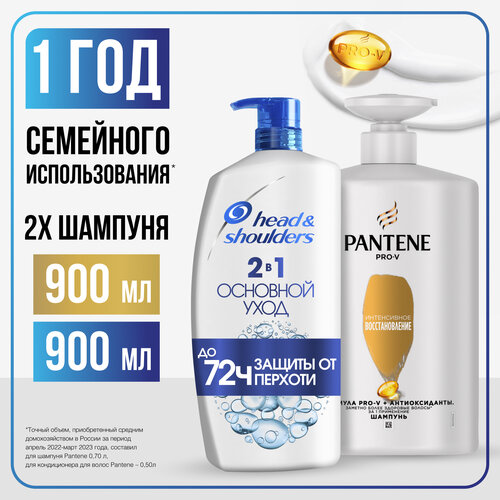 Pantene Набор для семьи Шампунь для волос Интенсивное Восстановление + Шампунь от перхоти 2в1 Основной уход, 900 мл