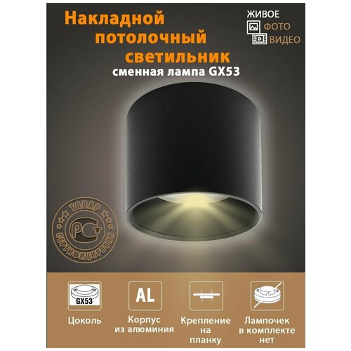 Потолочный светильник накладной, точечный под сменную лампу Gx53 OL8 BK ЭРА алюминий, цвет черный, спот потолочный