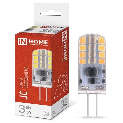 Лампа светодиодная LED-JC 3Вт капсульная прозрачная 4000К нейтр. бел. G4 290лм 12В IN HOME 4690612036021