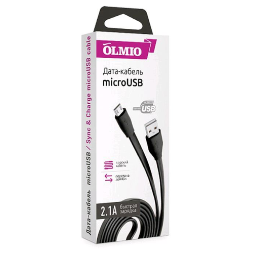 OLMIO Кабель USB 2.0 - microUSB, 1м, 2.1A, черный, плоский, OLMIO
