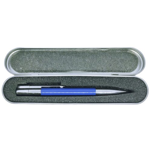 Подарочная флешка ручка тонкая синяя 4GB в металлическом боксе