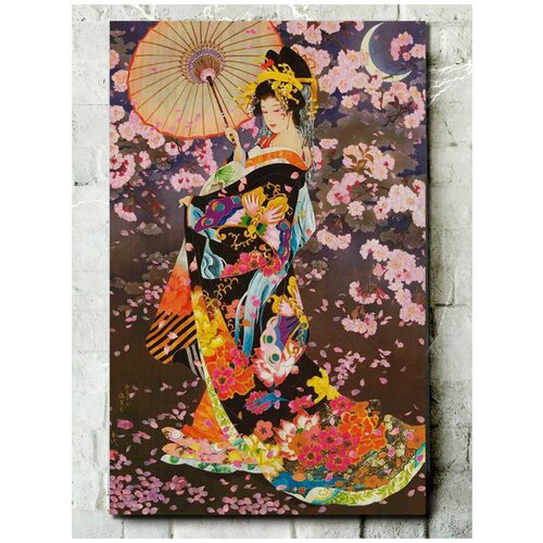 Картина интерьерная на дереве японская живопись (гейша) - 891
