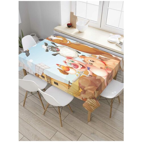 Скатерть прямоугольная JoyArty на кухонный стол "Знакомство зверюшек" из оксфорда, 120x145 см