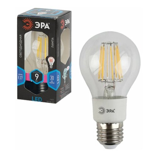 Лампа светодиодная филаментная ЭРА, 9 (80) Вт, цоколь E27, грушевидная, холодный белый свет, 30000 ч, F-LED А60-9w-840-E27 (цена за 1 ед. товара)