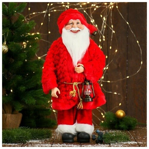 Фигурка новогодняя, Дед Мороз в красной шубе с пояском, с фонариком 25х45 см, 1 шт.