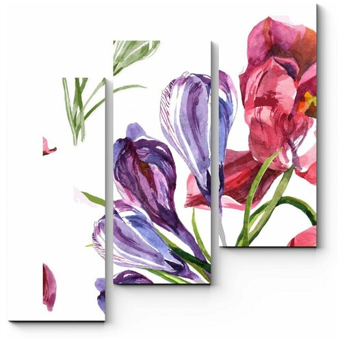 Модульная картина Розовые тюльпаны и крокусы акварелью110x117