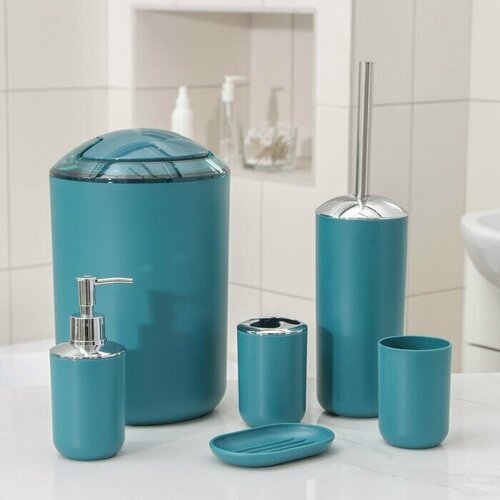 Набор аксессуаров для ванной комнаты Тринити, 6 предметов (дозатор, мыльница, 2 стакана, ёршик, ведро 6,7 л), цвет синий