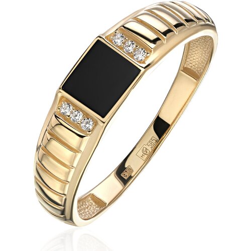Перстень Эстет, желтое золото, 585 проба, фианит, агат, размер 20, черный