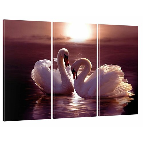 Модульная картина на стену, для интерьера "Белые лебеди на фоне прекрасного заката" 60x100 см