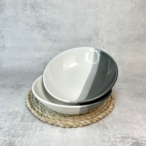 Набор тарелок глубоких белых с серыми полосками, 2 шт, керамика, диаметр 19,5 см, объем 800 мл