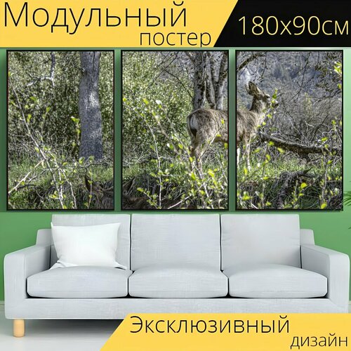 Модульный постер "Олень, лань, лес" 180 x 90 см. для интерьера