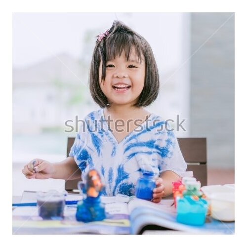 Постер на холсте Маленькая девочка с красками в баночках 30см. x 30см.