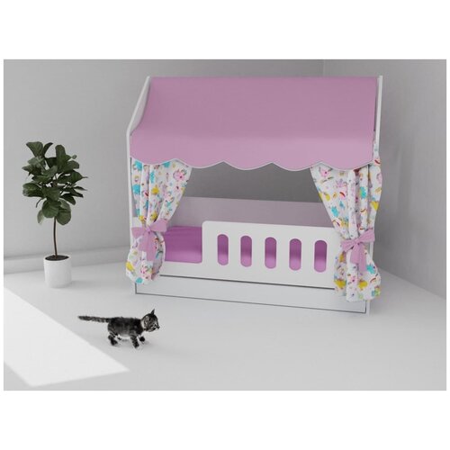 Кровать детская домик с текстилем и ящиком (розовый с единорогами, вход слева) "Классик"