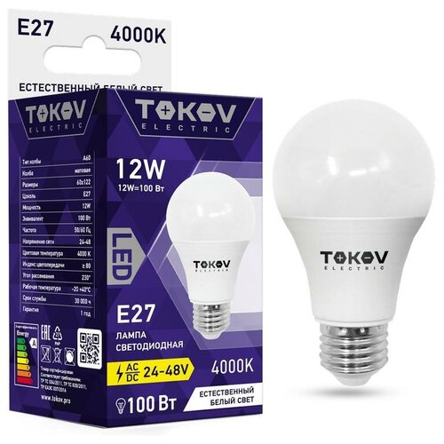 Лампа светодиодная низковольтная 12Вт А60 4000К Е27 24/48В | код. TKE-A60-E27-12-4K-24/48 | TOKOV ELECTRIC (5шт. в упак.)