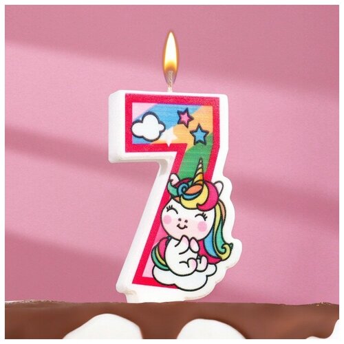 Свеча в торт "Единорог с шариком", цифра 7, розовый