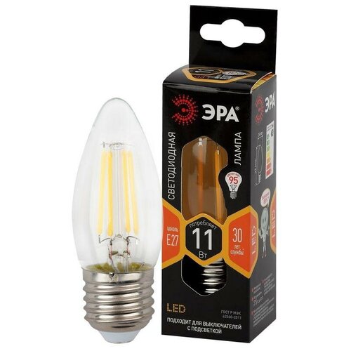 Лампа светодиодная филаментная F-LED B35-11w-827-E27 B35 11Вт свеча E27 тепл. бел. | код. Б0046986 | Эра (70шт. в упак.)