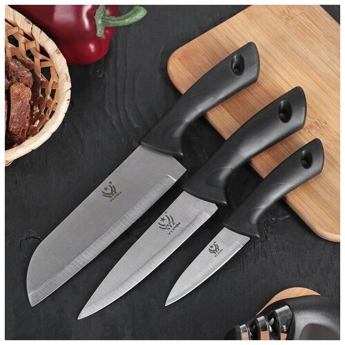 --- Набор кухонных ножей «Энеолит», 3 предмета: лезвие 8,5 см, 15 см, 17 см, цвет чёрный