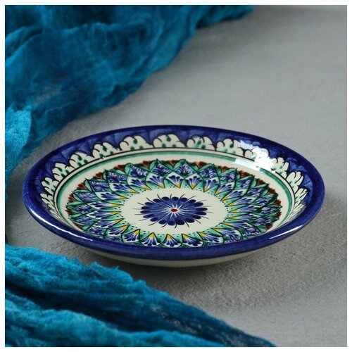 Шафран Тарелка Риштанская Керамика "Цветы", синяя, плоская, 15 см, микс