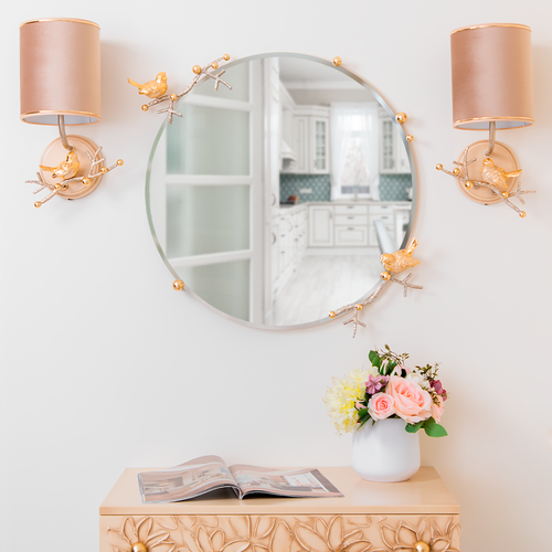 Настенное зеркало Bogacho Терра с диаметром зеркального полотна 60 см птички в кремовом цвете ручная работа