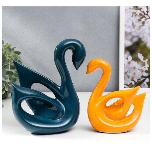 Сувенир керамика "Лебеди синий и оранжевый" глянец набор 2 шт 14х6х15 15х20х20 см