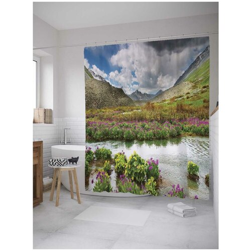 Штора для ванной JoyArty Горный пейзаж с цветами 180х200 (sc-10001)180х200 см