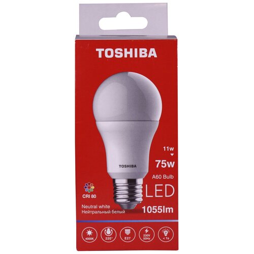 Лампа светодиодная TOSHIBA А60-LAMP 75W 4000K CRI80 ND (11W, 1055лм, 220°, 50Гц, 230В, Е27)