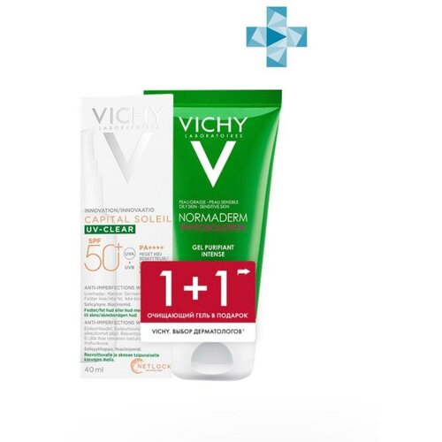 Vichy набор/capital soleil флюид солнцезащитный для лица uv-clear spf50+ 40 мл+normaderm phytosolution гель очищающий для умывания 50 мл/